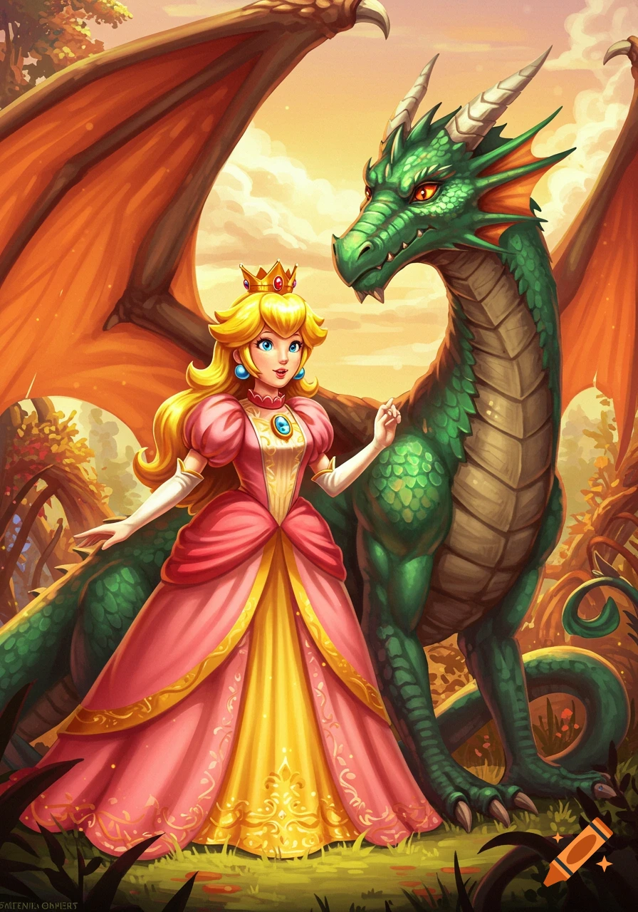 Princess Peach stands next to a green dragon in a vibrant fantasy ...