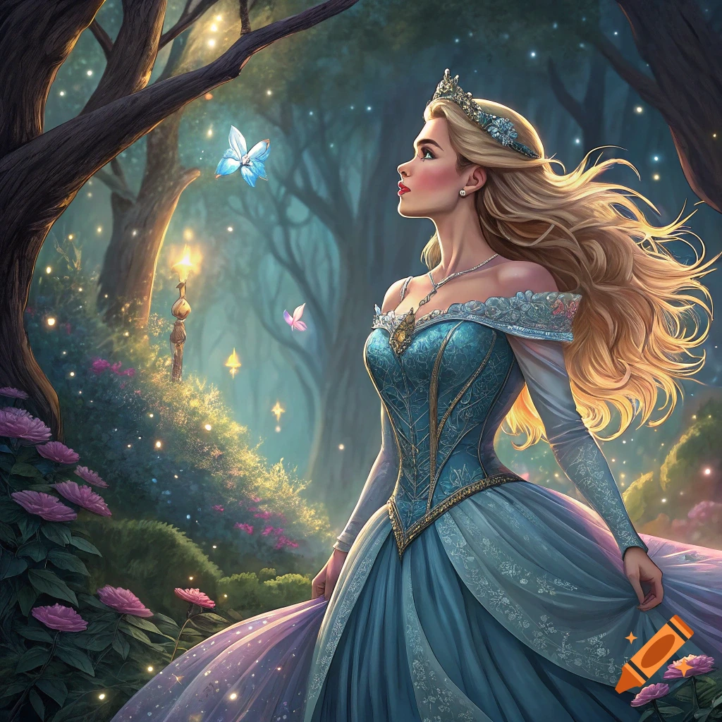 A fantasy illustration of a princess in a blue dress in a magical ...