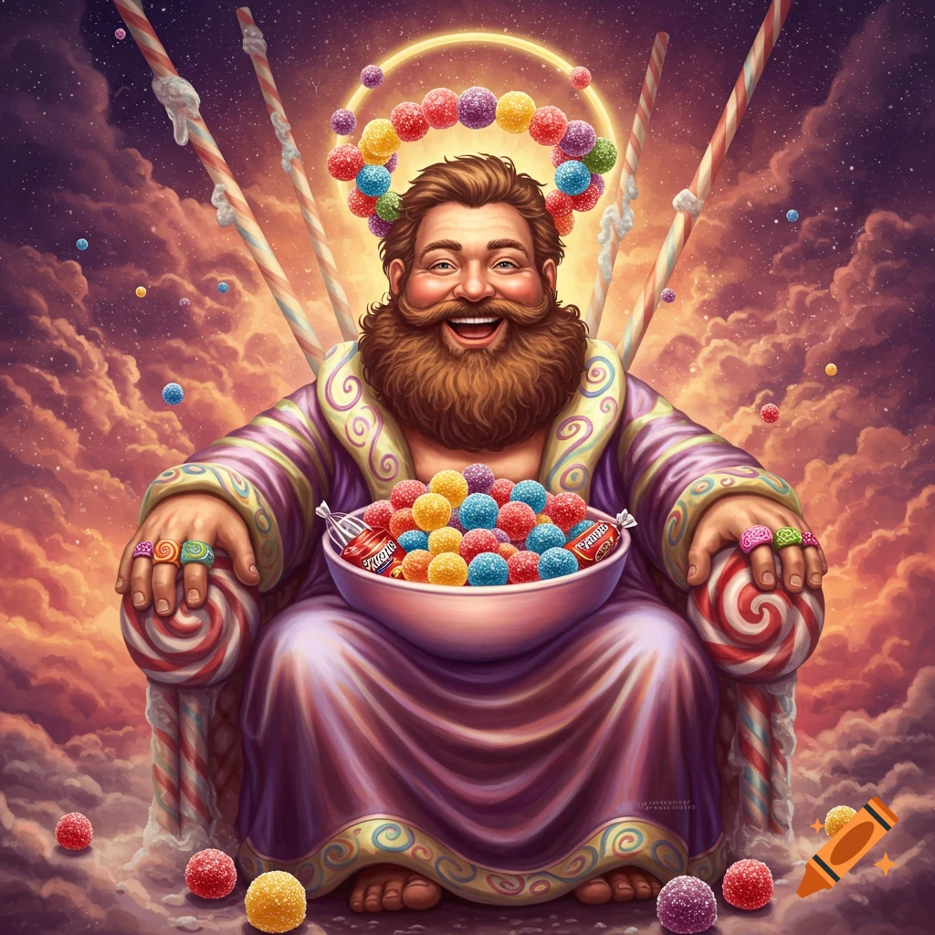 A god-like man with a beard sits on a candy throne holding a bowl of ...
