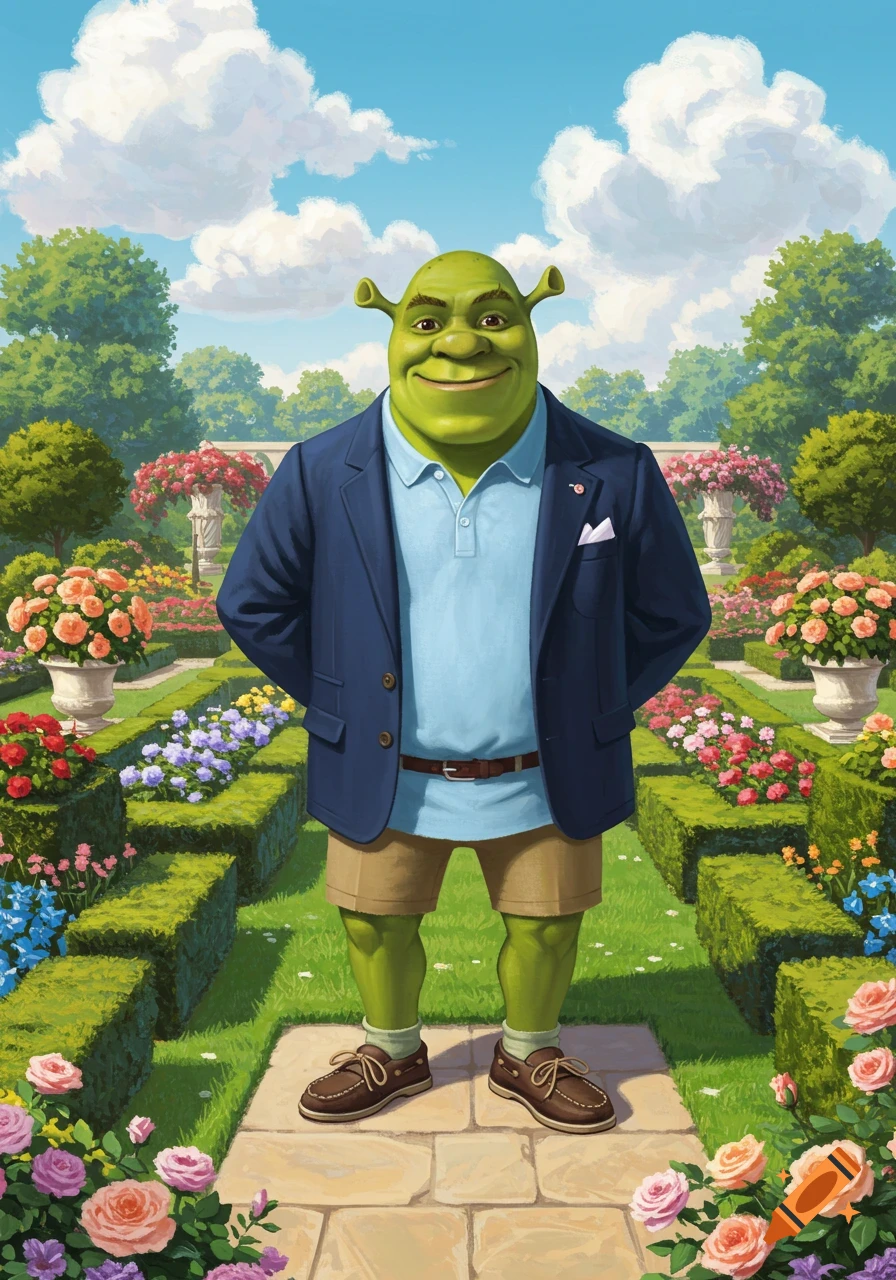 Shrek wearing a blue blazer, light blue polo, and khaki shorts stands ...