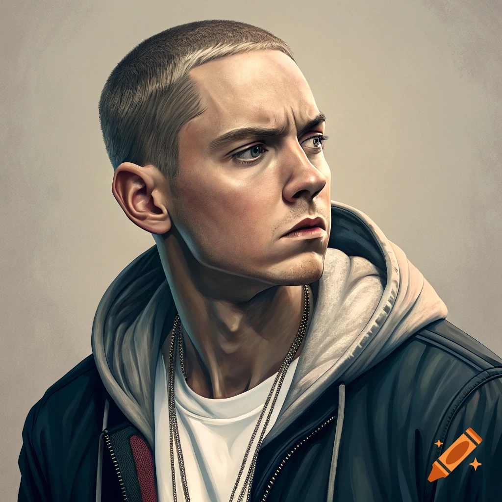 Stylized portrait of a man resembling Eminem in a hoodie and chains ...
