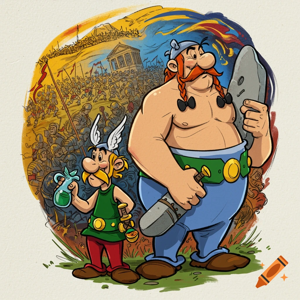 Cartoon illustration of Astérix and Obelix standing in front of a Roman ...