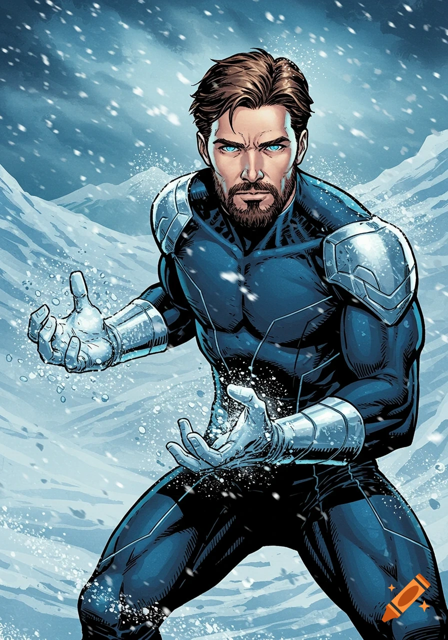 Comic book style illustration of a superhero with ice powers standing ...