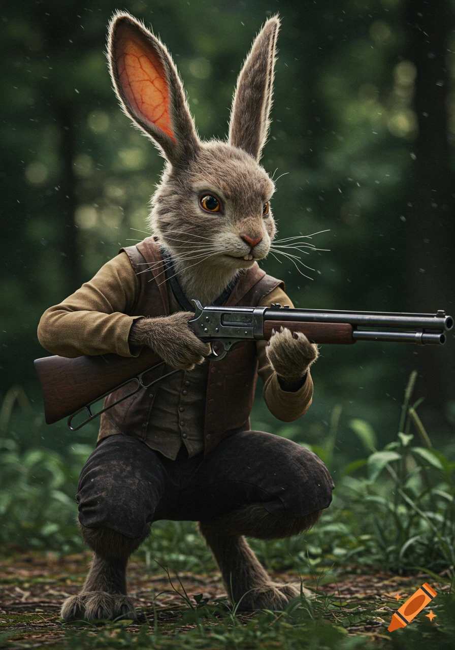 Realistic digital art of an anthropomorphic rabbit crouching in a ...