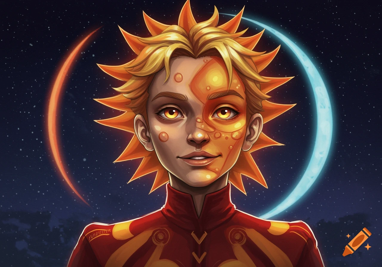 Stylized portrait of a person with sun hair and markings in space with ...
