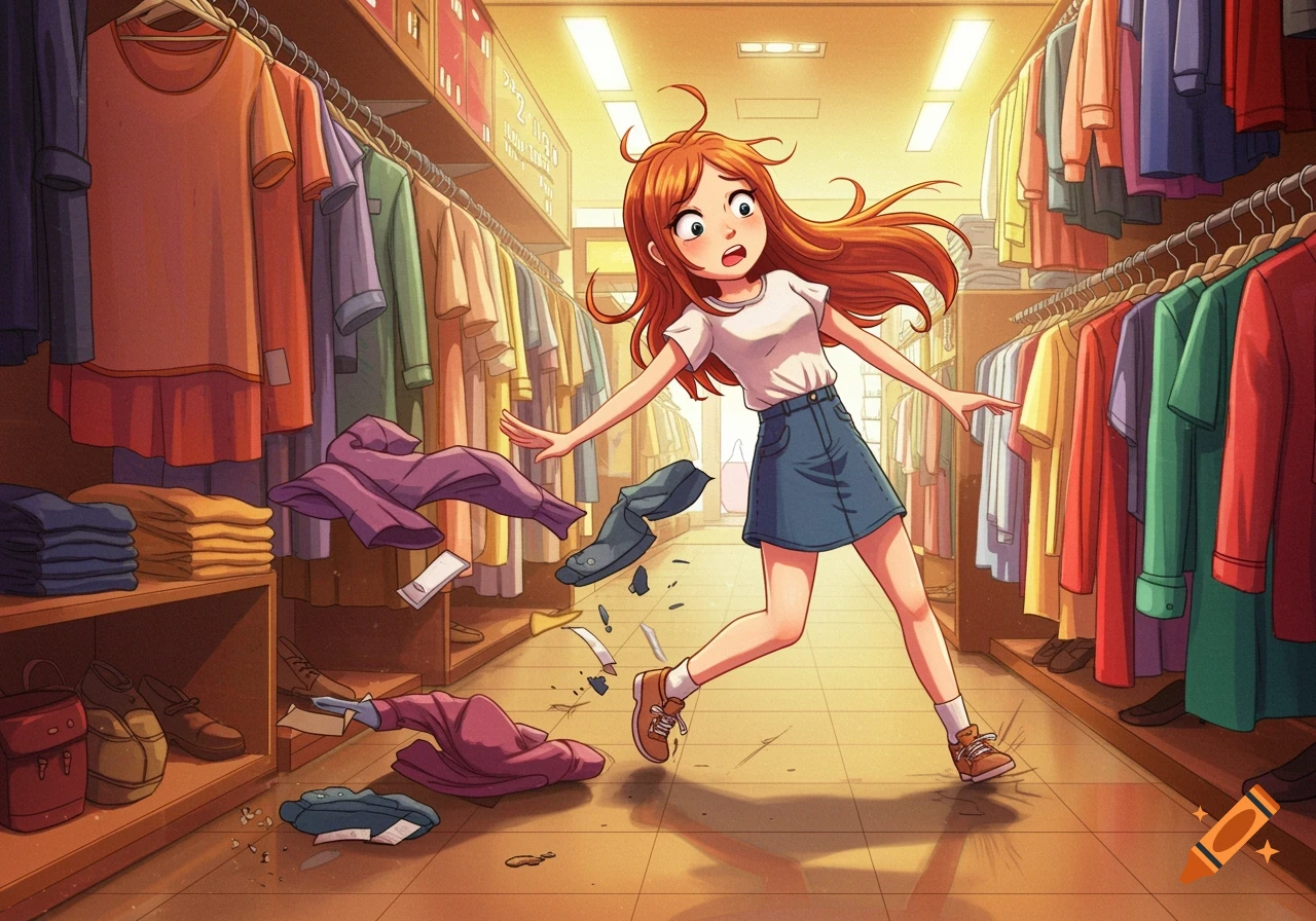 A surprised cartoon girl stumbles in a clothing store as clothes fall ...