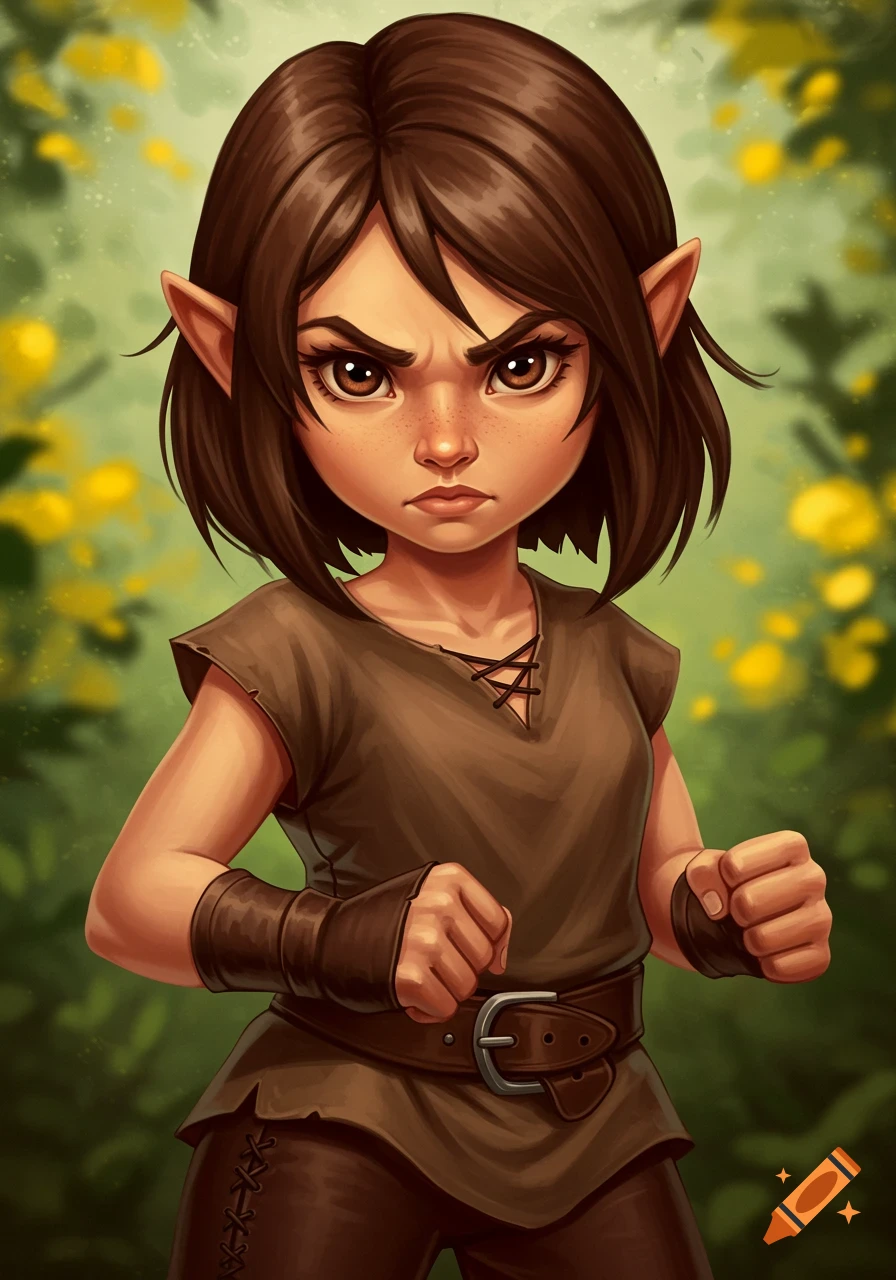 Fantasy portrait of a defiant halfling girl with brown hair and pointy ...