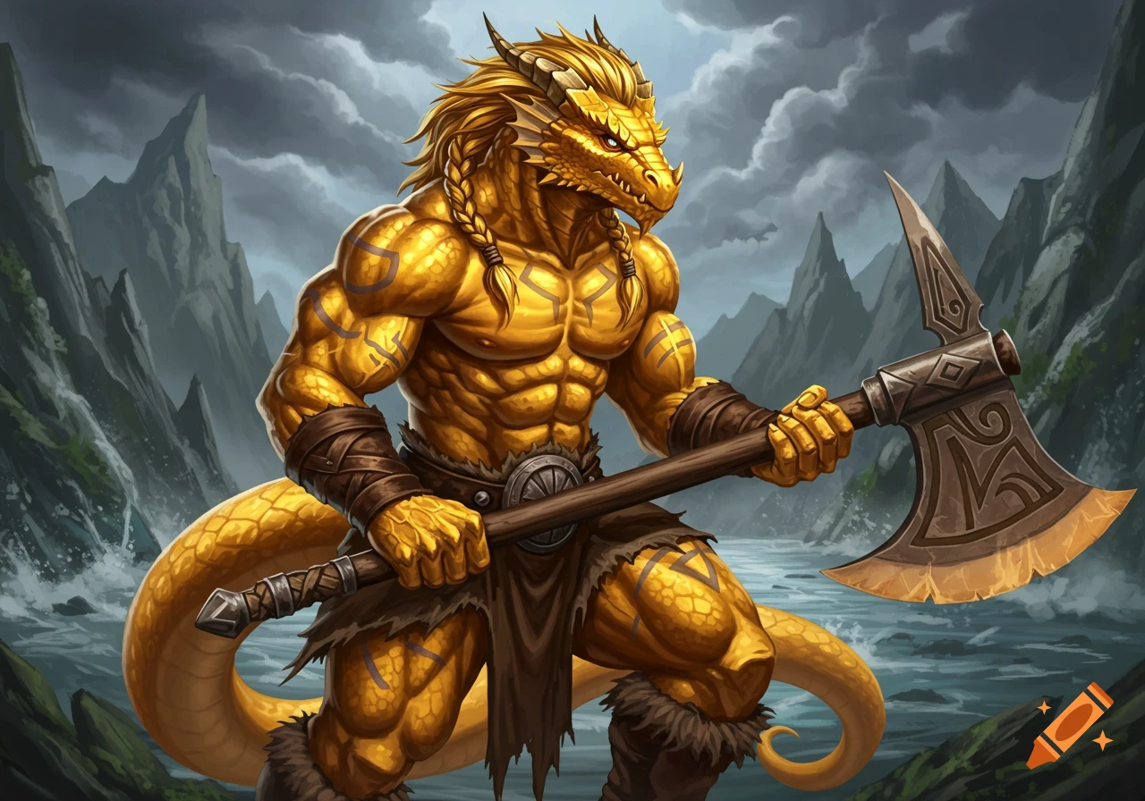 A muscular golden dragonborn barbarian holds a large axe in a rocky ...