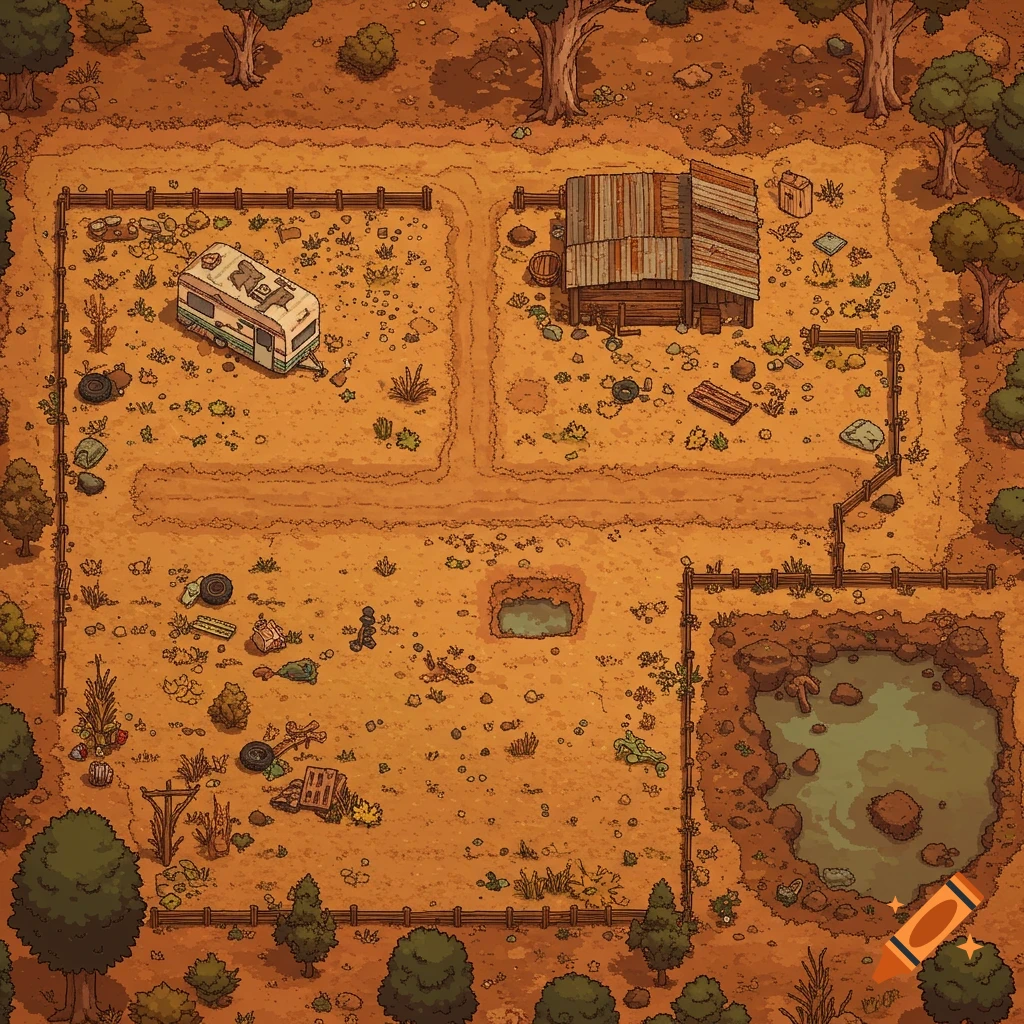 Top-down pixel art map of a dry rural farmstead with a caravan and shed ...