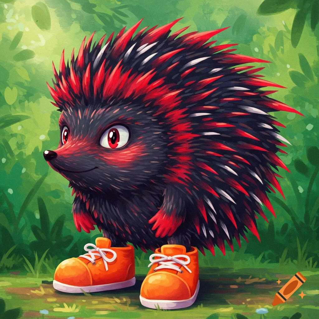 A cartoon black and red hedgehog with orange shoes stands in a forest ...
