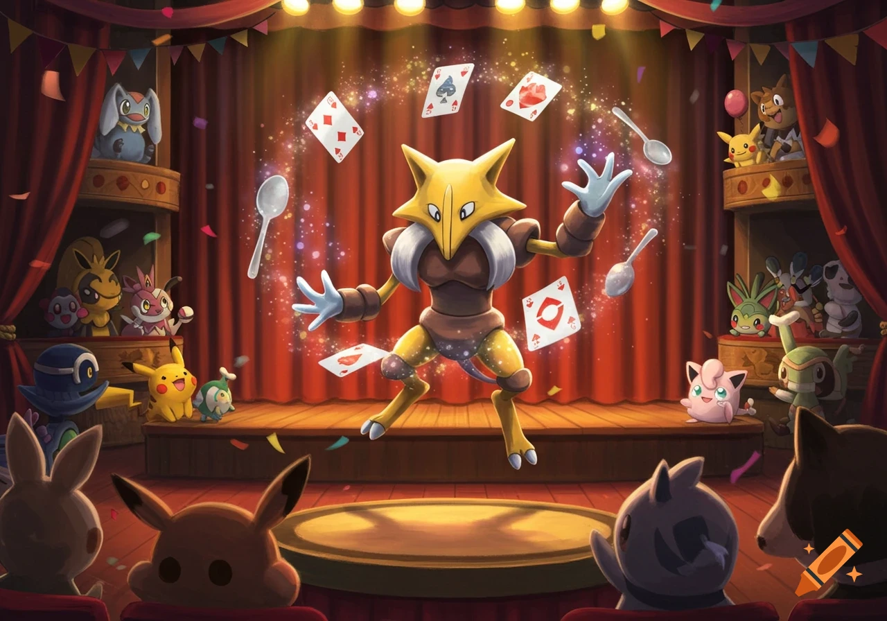 Alakazam performs a magic show on a stage for an audience of other ...