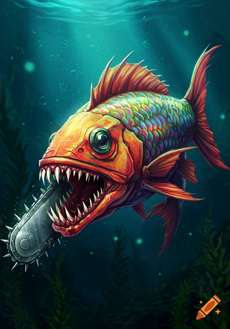 Colorful fantasy fish with a chainsaw in its mouth swims underwater ...