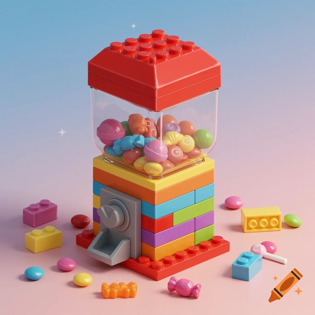 A candy dispenser built from colorful Lego blocks, surrounded by ...