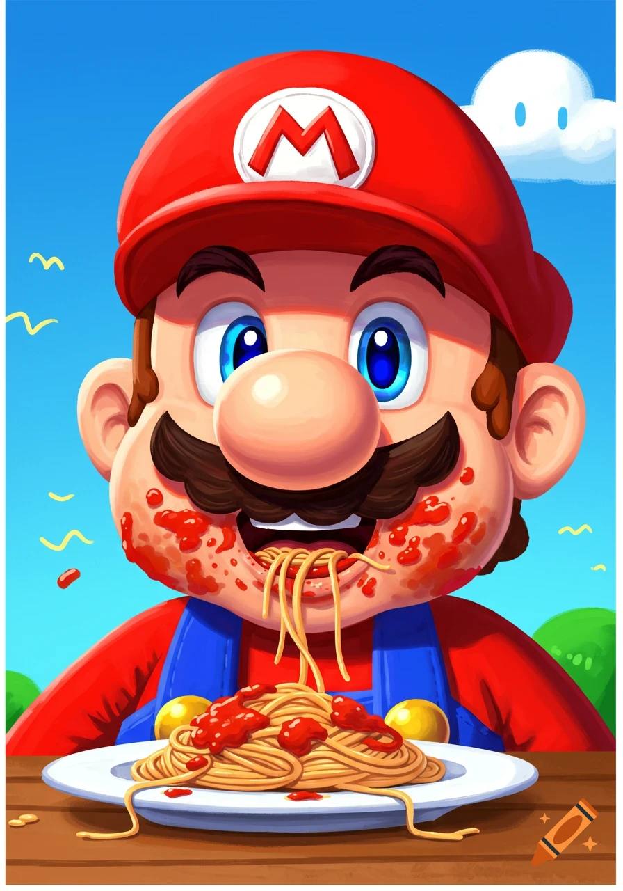 Super Mario character eating messy spaghetti from a plate in a cartoon ...