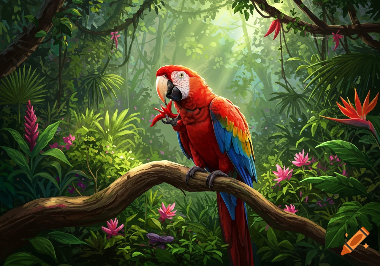 A colorful macaw parrot sits on a branch in a vibrant, sunlit jungle. on Craiyon