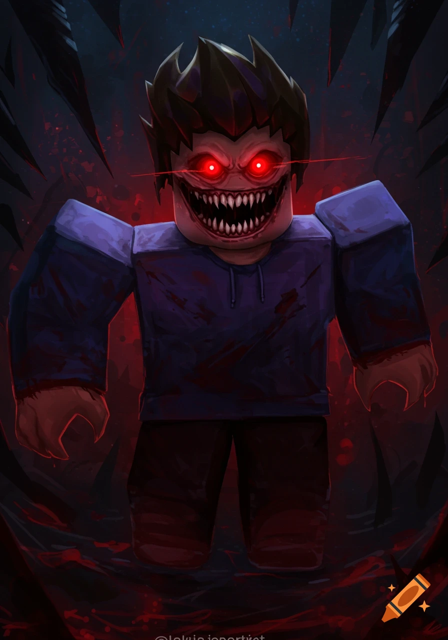 A scary Roblox-style character with sharp teeth and glowing red eyes in ...