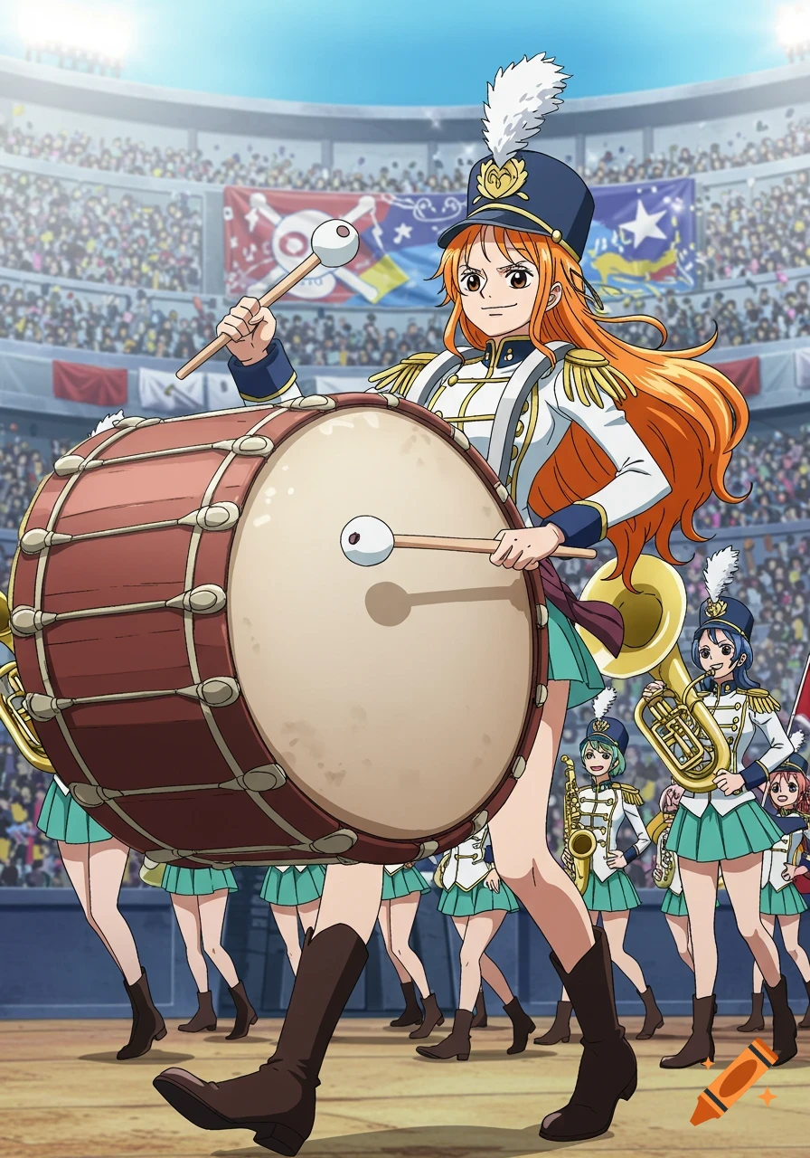 Nami from One Piece as a drum majorette playing a bass drum in a ...