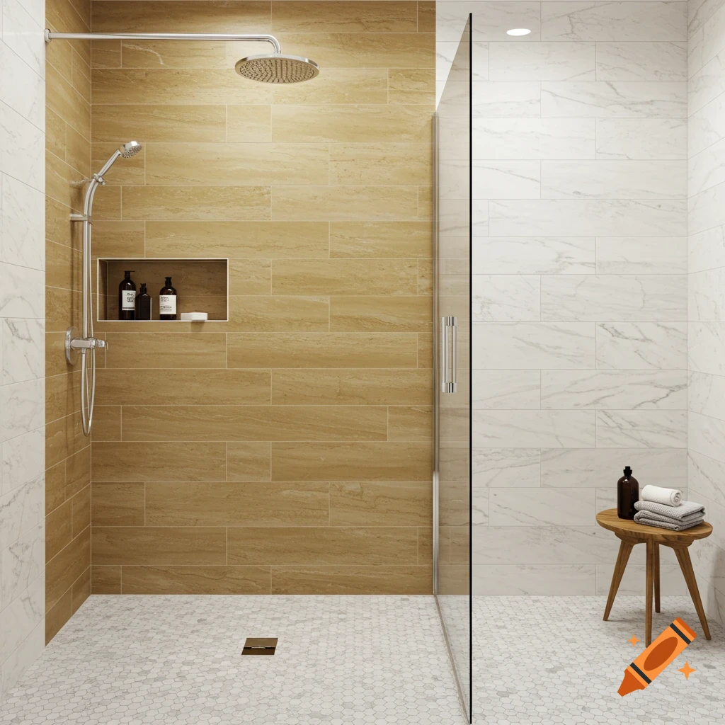 Modern walk-in shower with gold and marble tiles on Craiyon