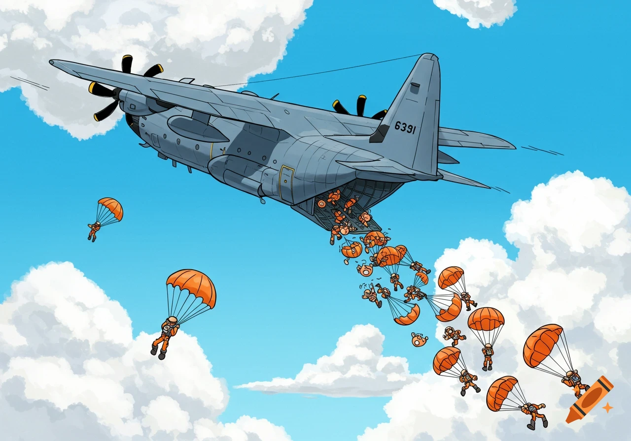 Cartoon C-130 airplane dropping paratroopers from its rear bay in the ...