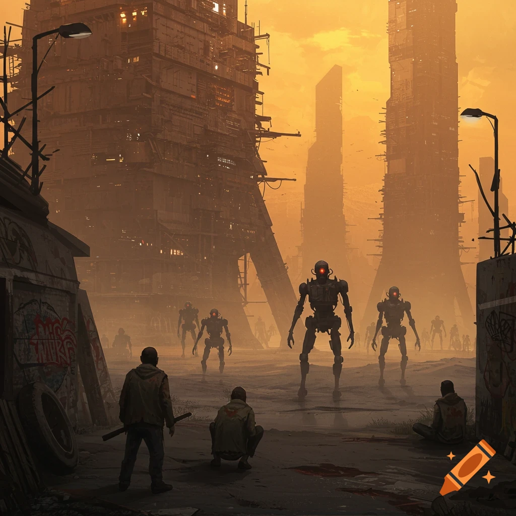 Humans face a horde of robots in a ruined dystopian city at sunset. on ...