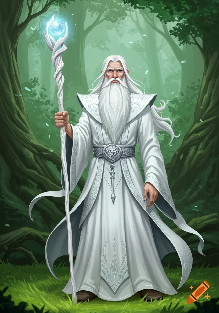 A white-bearded wizard in a white robe holding a glowing staff stands ...