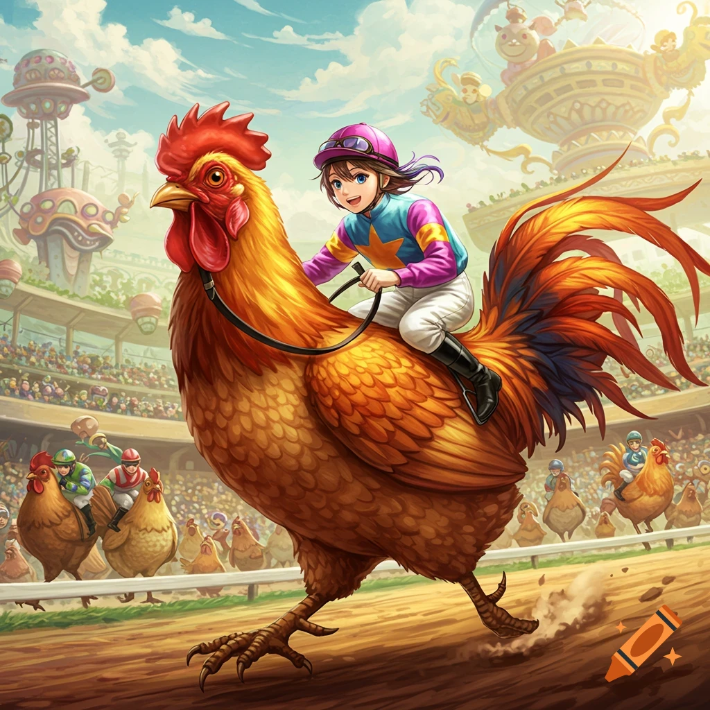 Anime style illustration of a person riding a giant chicken in a race ...