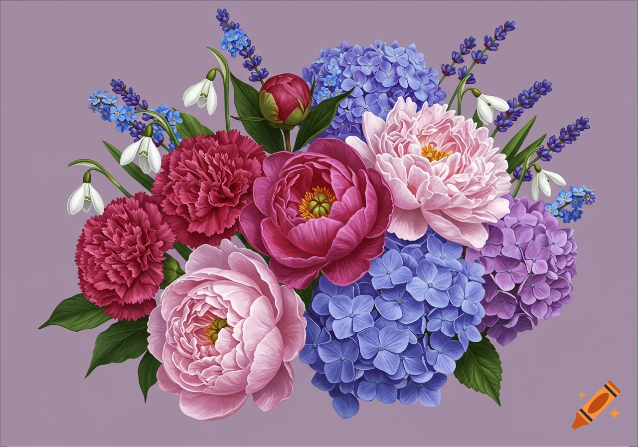 Illustration of a colorful flower bouquet with peonies, hydrangeas ...
