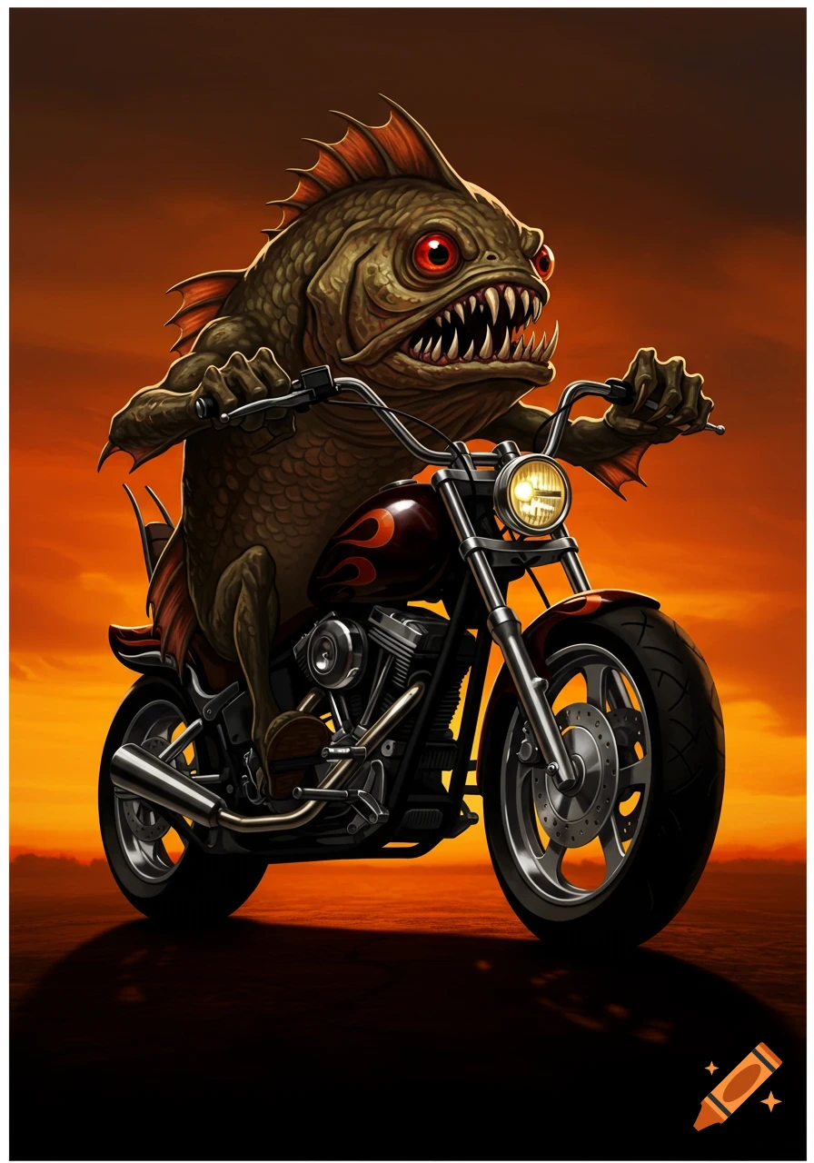 A monstrous fish-like creature with sharp teeth rides a motorcycle ...