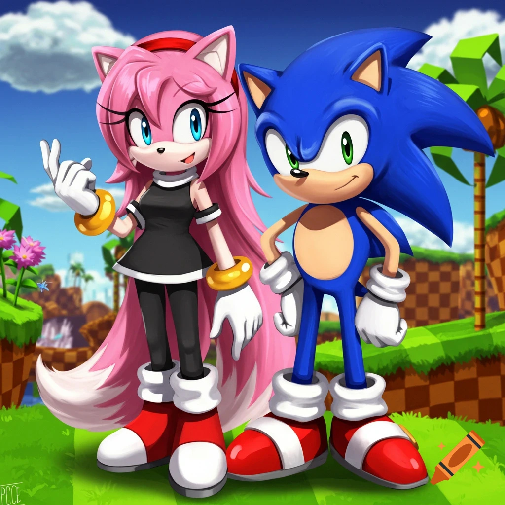 Sonic the Hedgehog and Amy Rose standing in a green checkered landscape ...