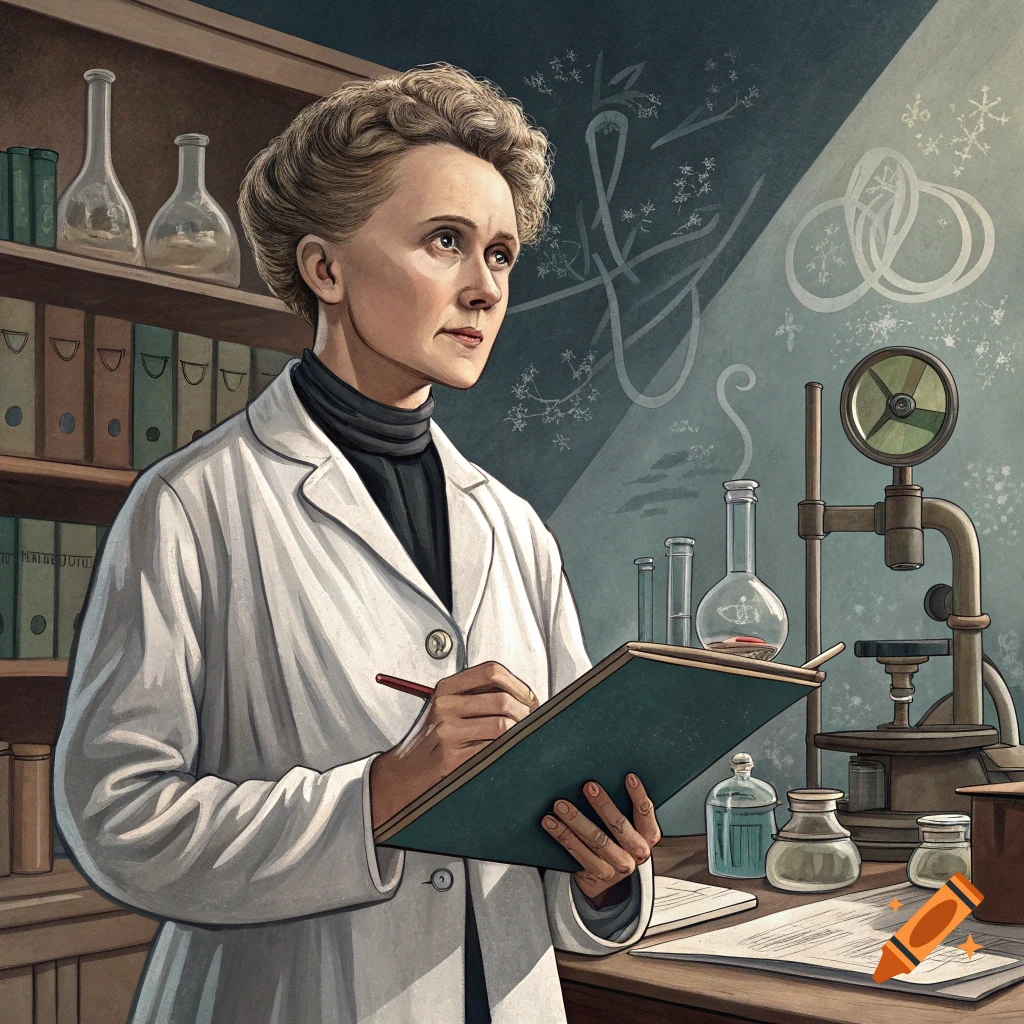 Illustration of Marie Curie in a lab, writing in a notebook ...