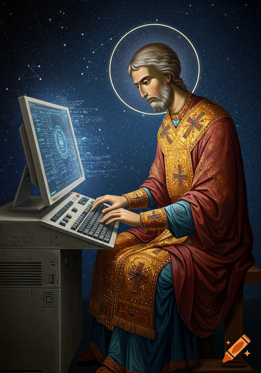 A Catholic saint in robes uses an old computer terminal under a starry ...