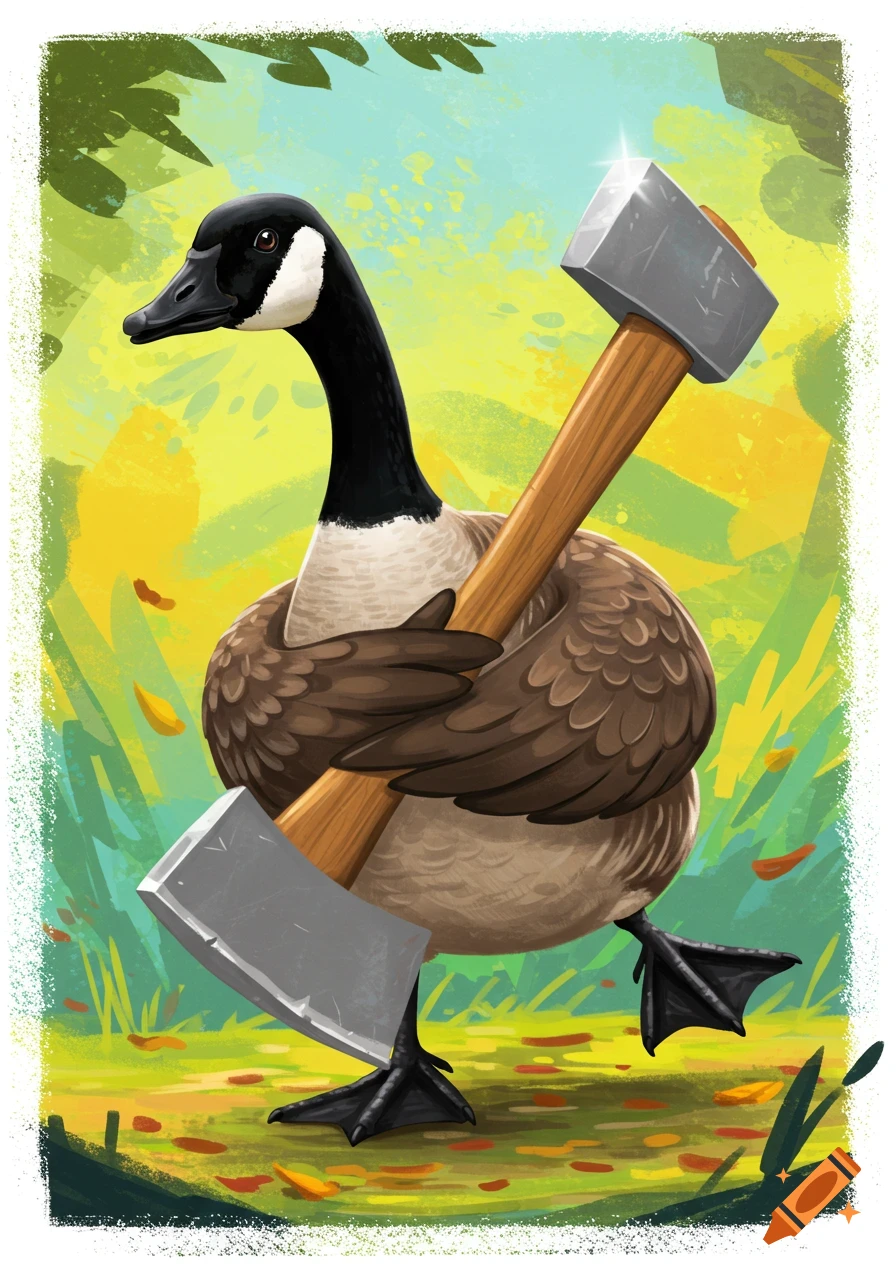 Cartoon Canadian goose holding a large hammer and cleaver. on Craiyon