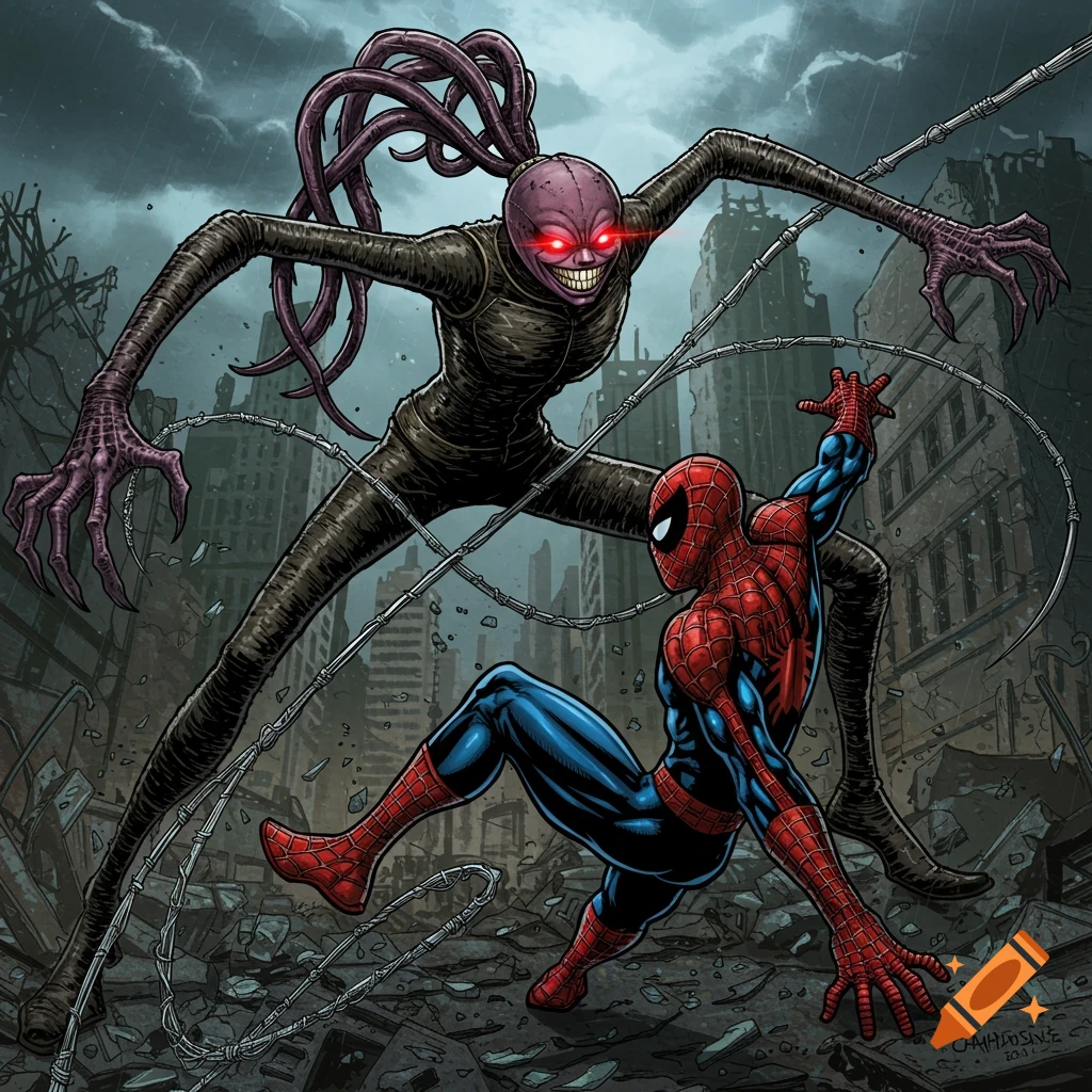 Spider-Man fights a long-limbed monster with glowing eyes in a ...