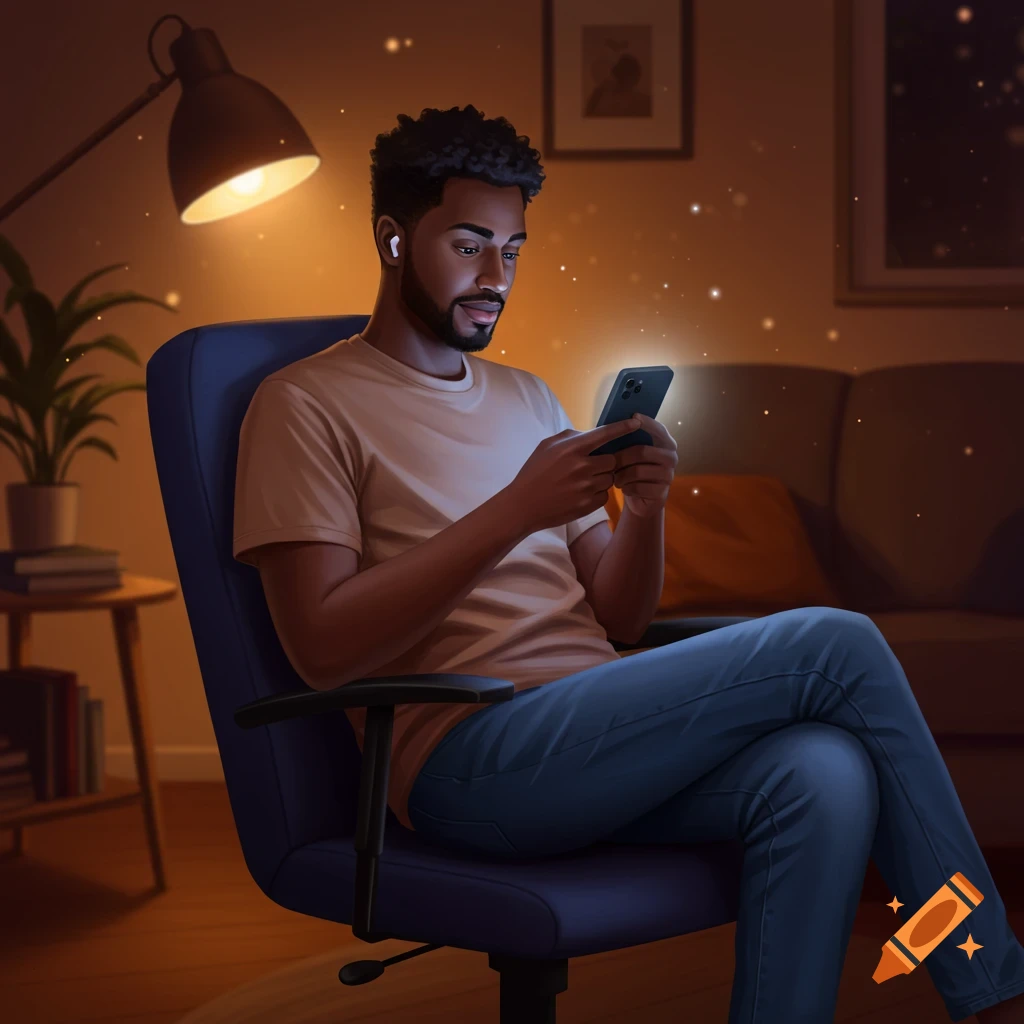 A man sits in a chair looking at his phone in a dim room. on Craiyon