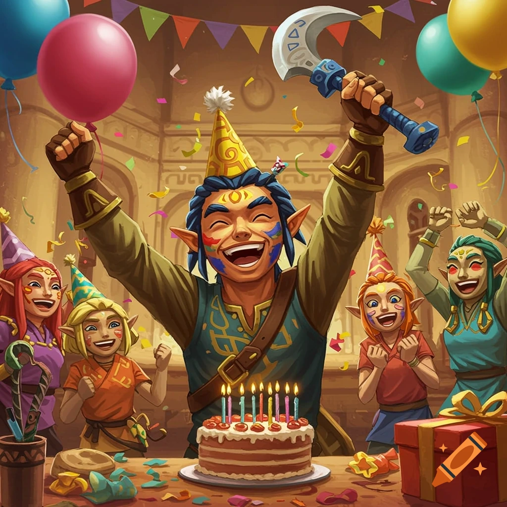 Fantasy characters celebrate a birthday with cake, balloons, and ...