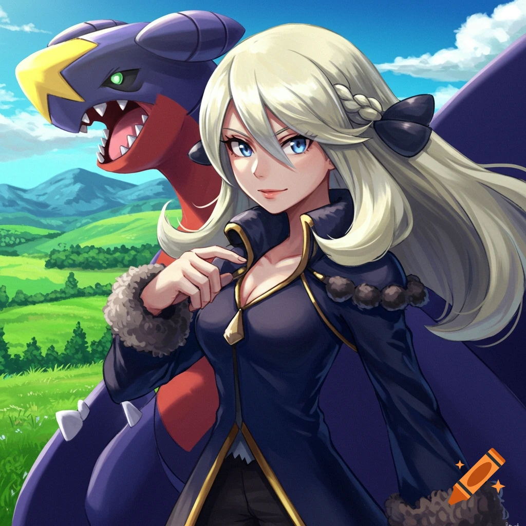 An anime illustration of Cynthia and Garchomp in a grassy field. on Craiyon