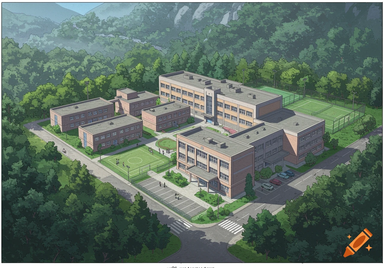 Aerial view of a large anime-style school complex surrounded by trees ...