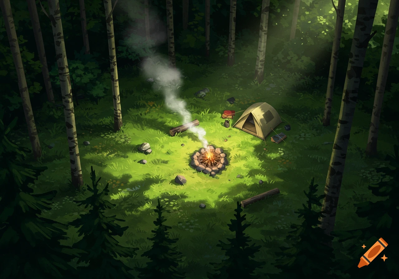 Bird's eye view illustration of a forest clearing with a campfire and ...