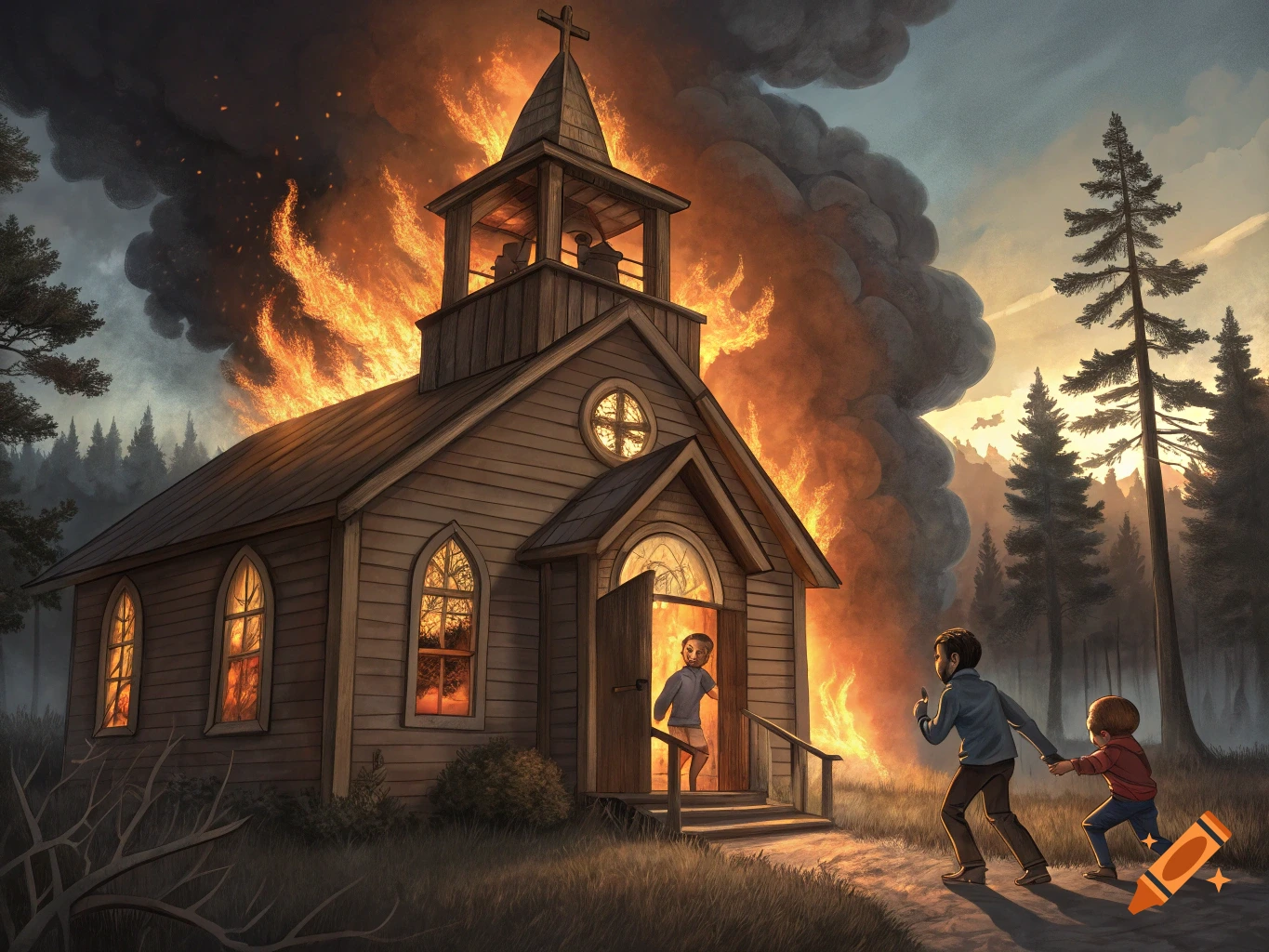 People escape a wooden church engulfed in flames and smoke. on Craiyon