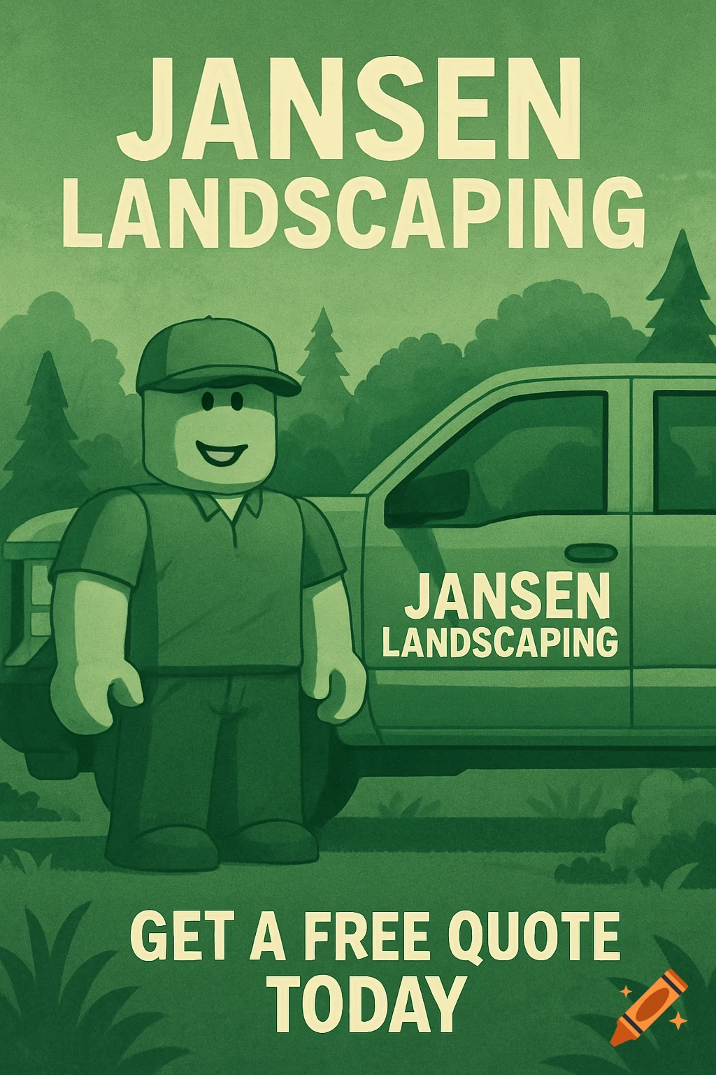 Green poster with cartoon figure, truck, and 'Jansen Landscaping' text ...