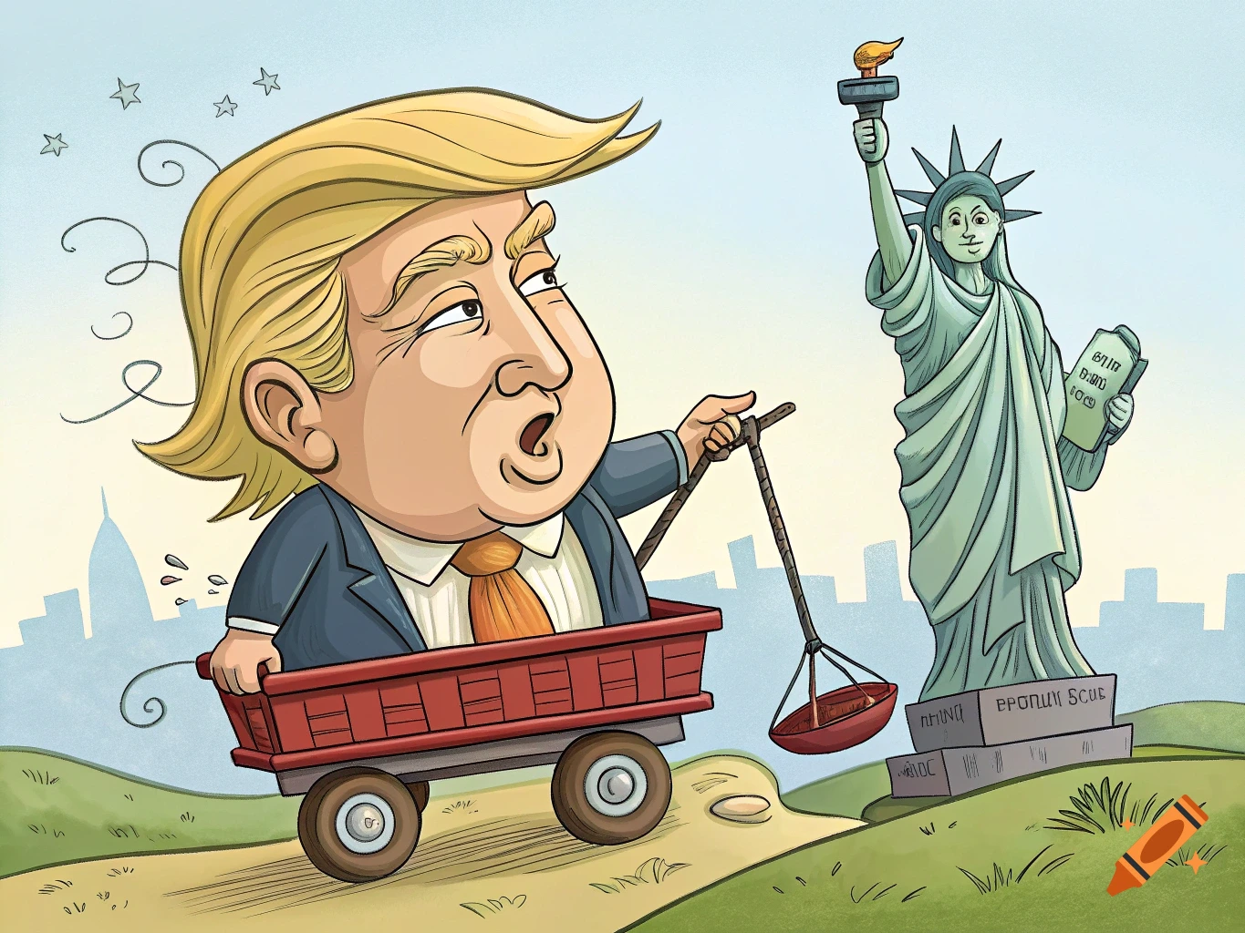 Cartoon of a caricatured Donald Trump in a wagon being pulled by the ...