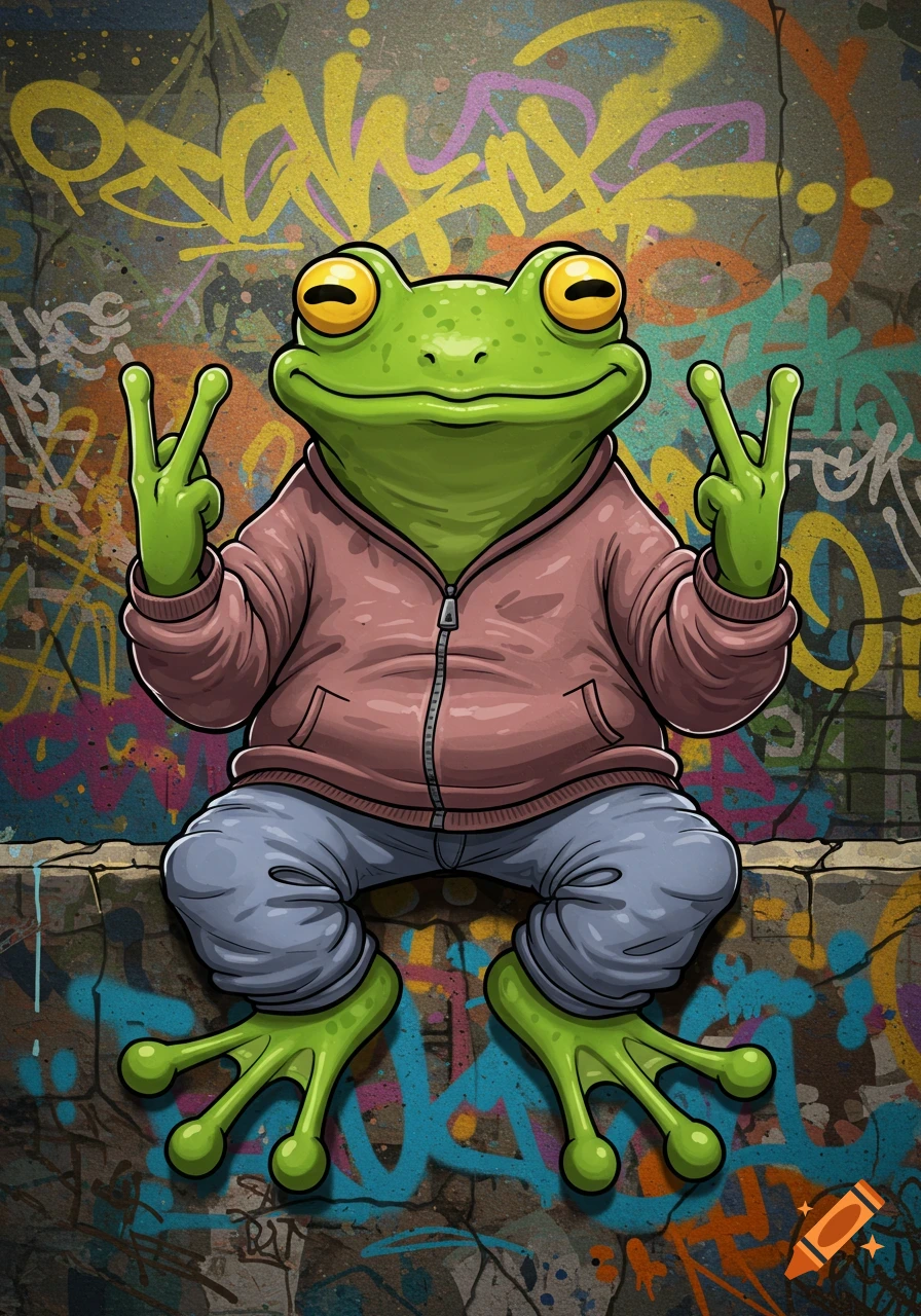 Cartoon frog sits on a ledge in front of graffiti, making peace signs ...