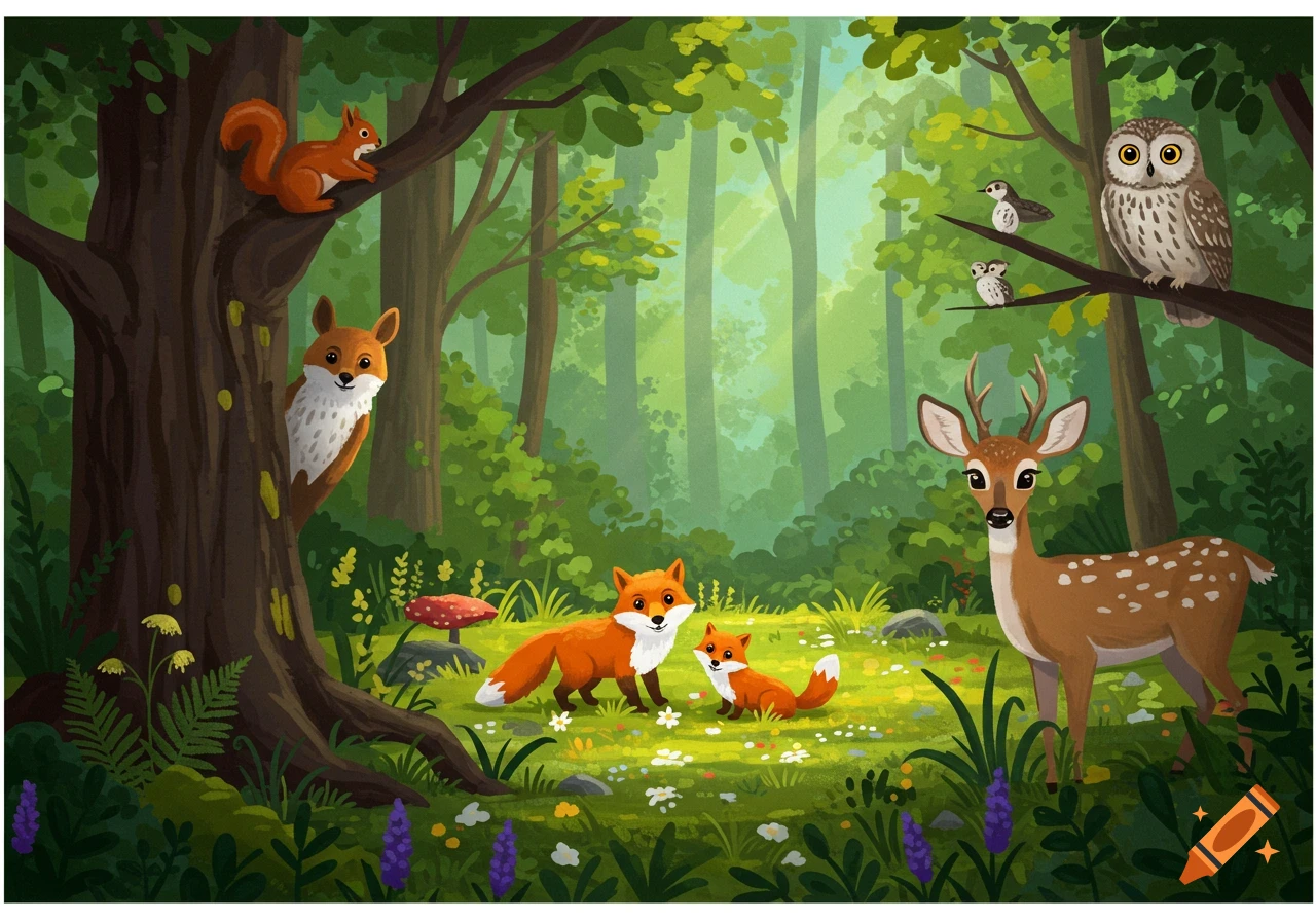 Cartoon illustration of woodland animals including a deer, foxes ...