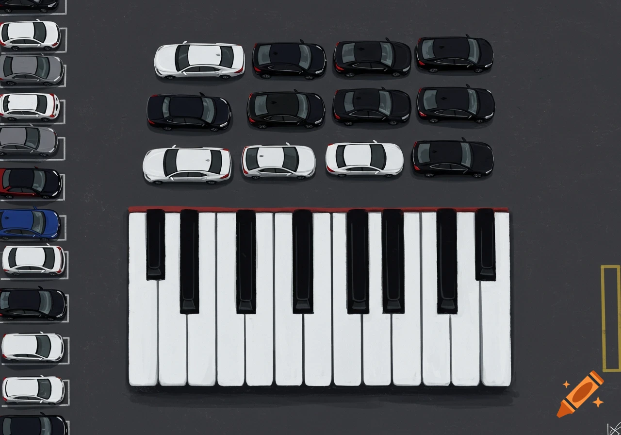 Overhead view of a parking lot with black and white cars arranged to ...