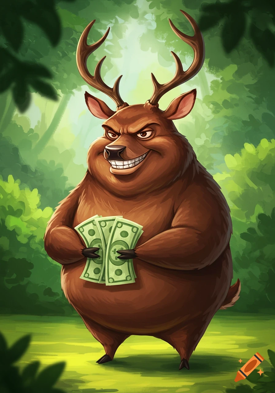 Cartoon illustration of a fat, mean deer holding money in a forest on Craiyon