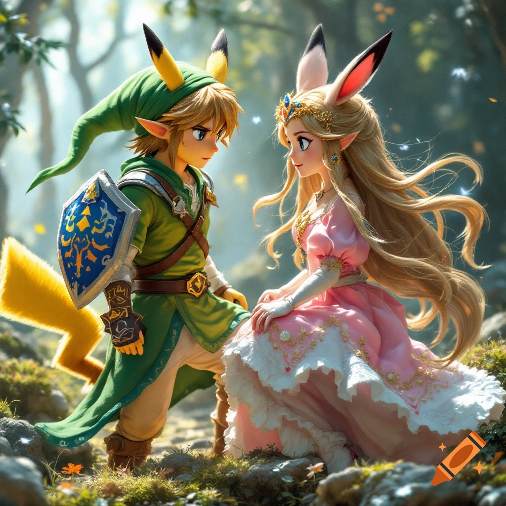 Link with Pikachu ears and tail stands facing Zelda with rabbit ears in ...