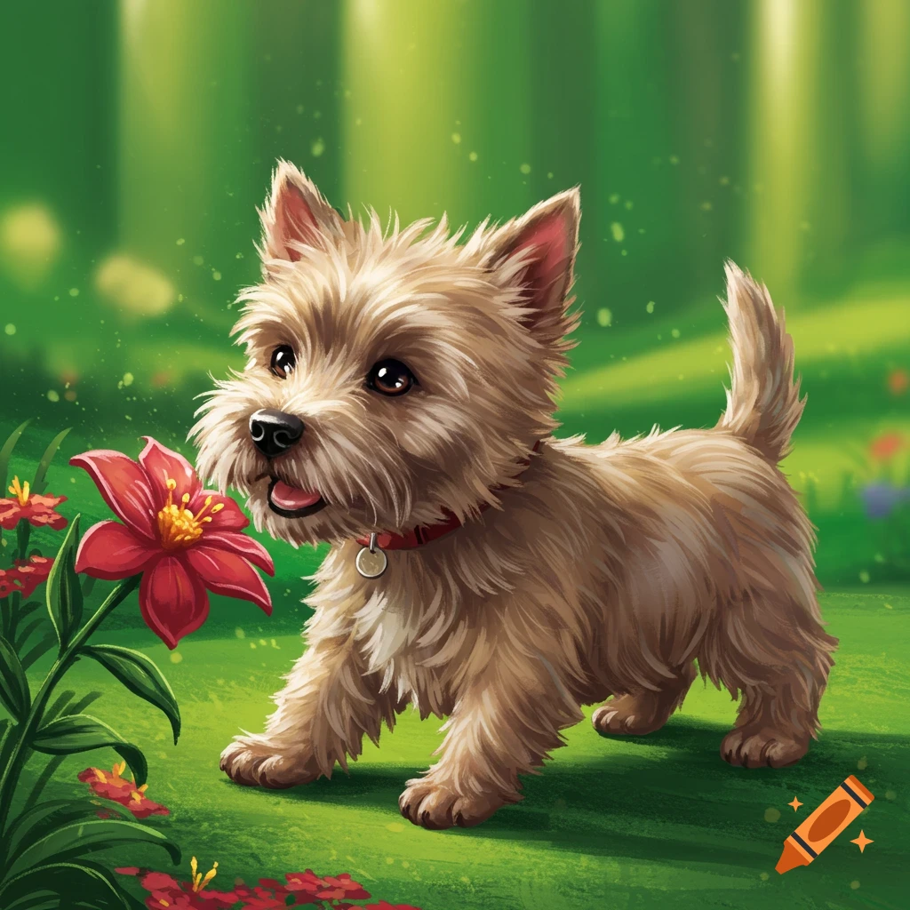 Cute fluffy dog with red collar sniffing a red flower in a grassy field ...