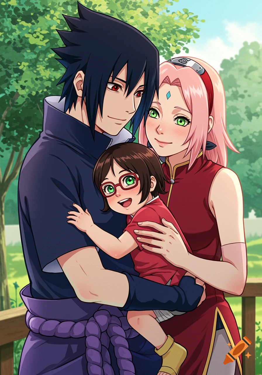 Sasuke, Sakura, and Sarada Uchiha in an anime family portrait outdoors ...