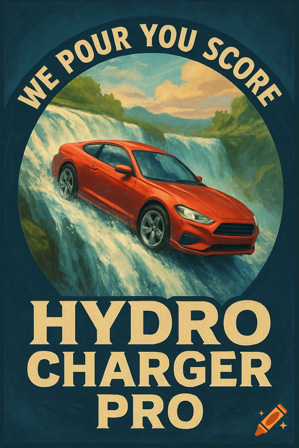 Vintage poster of a red sports car going down a waterfall, with text 'WE POUR YOU SCORE' and ...