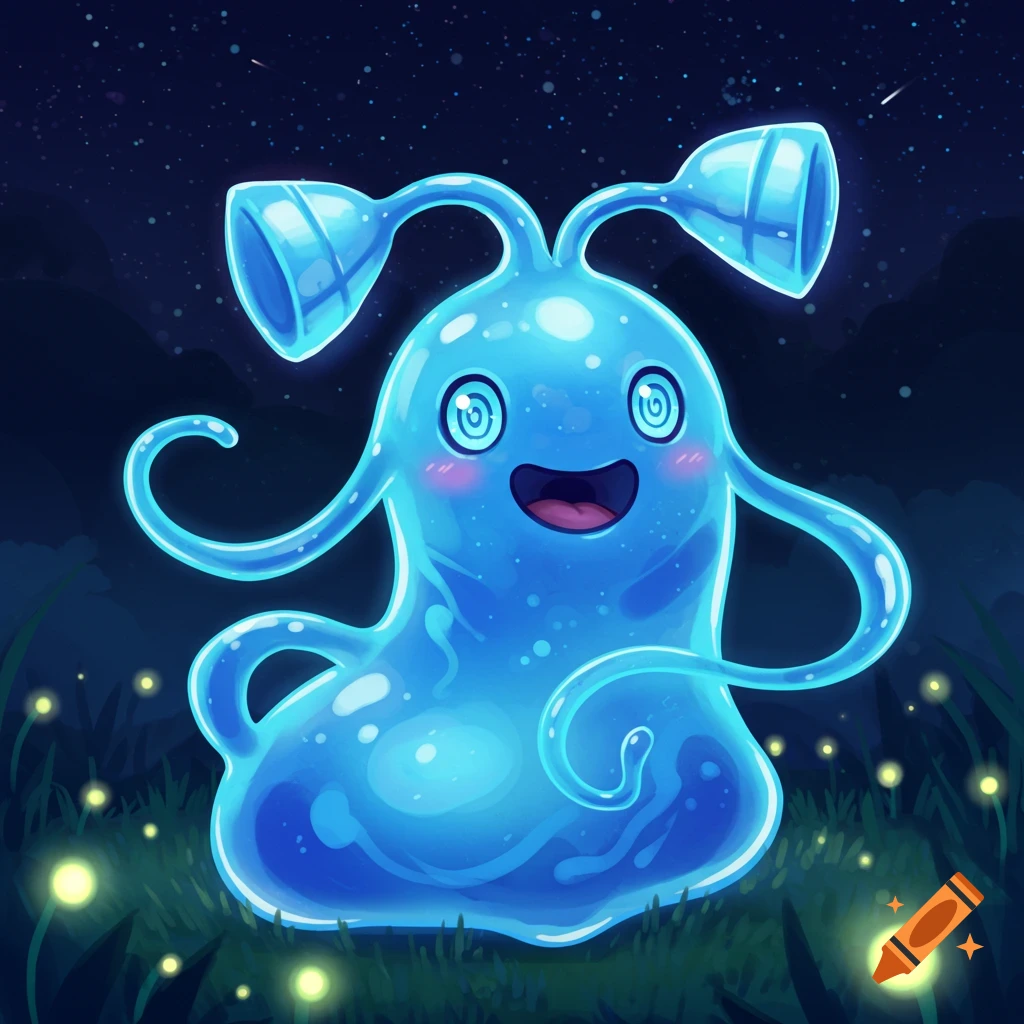 A cute blue slime creature glowing in a dark forest with fireflies. on ...
